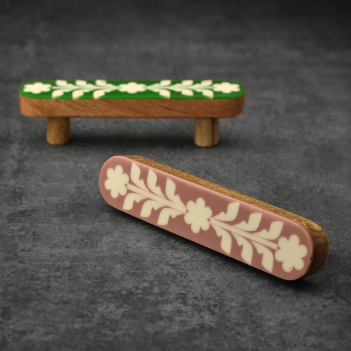 Green and Pink Floral Resin Inlay Cabinet Drawer Handle Wooden Dresser ...
